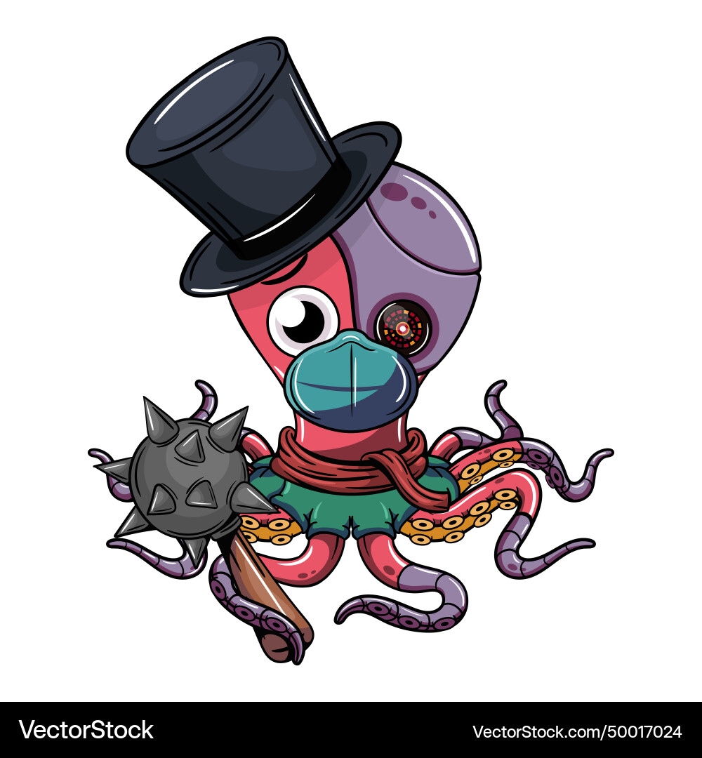 Octopus cartoon comic cyborg with a top hat a Vector Image