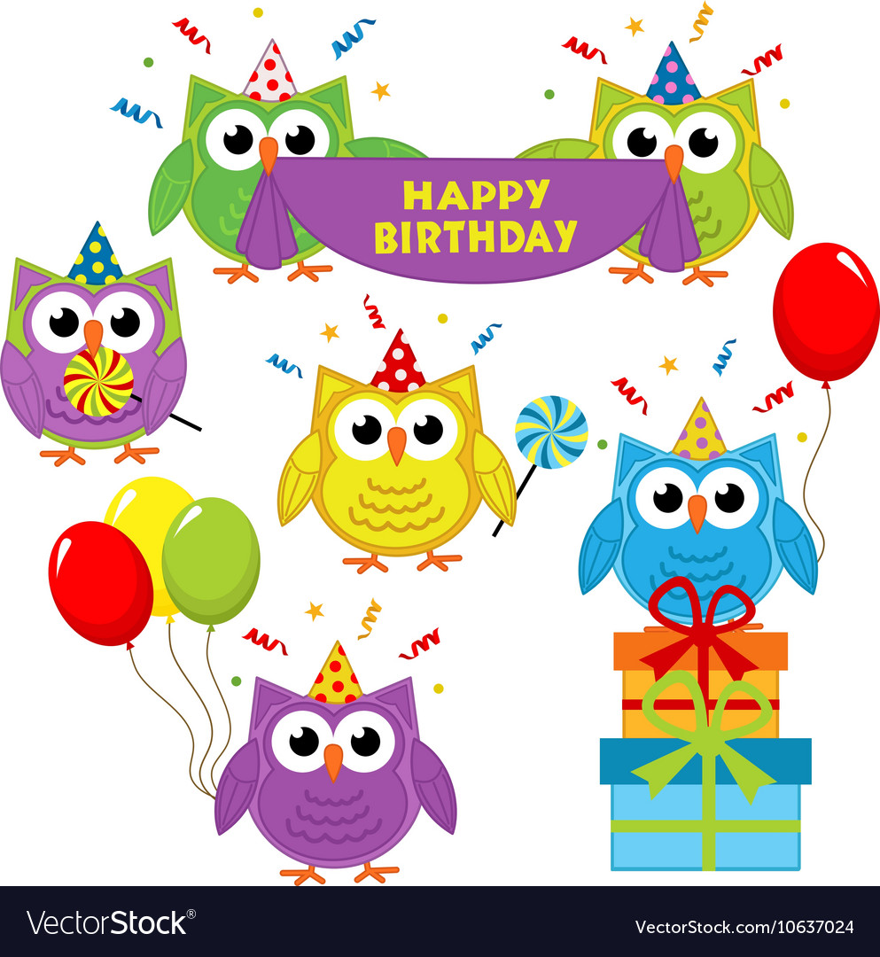 Set isolated owl birthday Royalty Free Vector Image