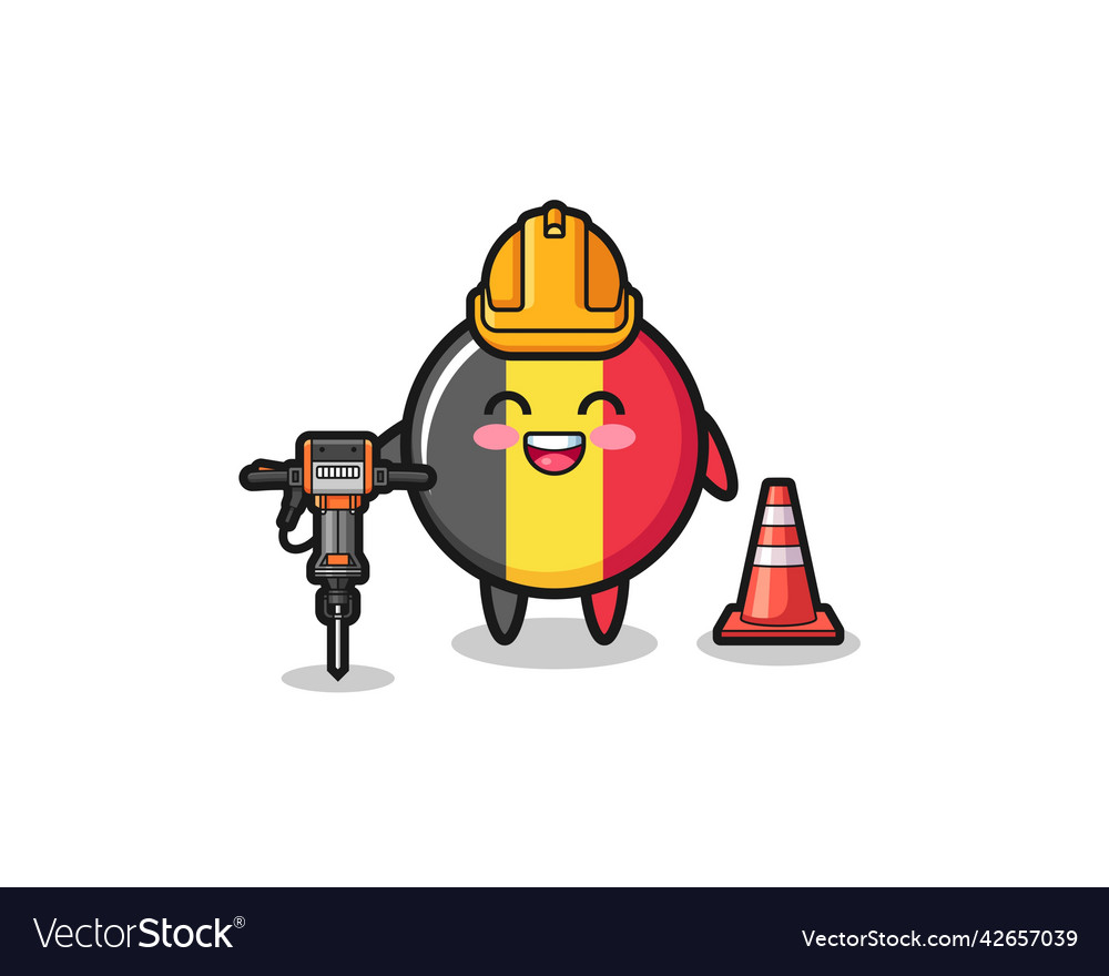 Road Worker Mascot Of Belgium Flag Holding Drill Vector Image