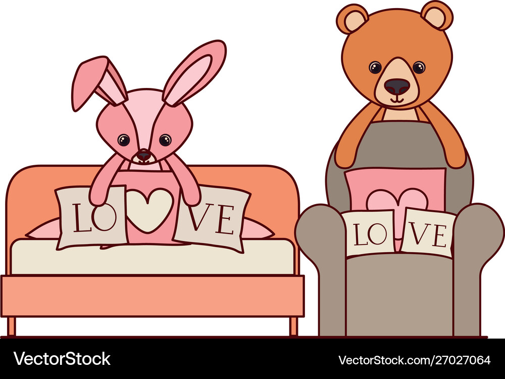 Cute bear and rabbit stuffed batoys in Royalty Free Vector