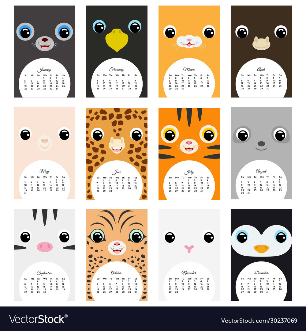 Cute monthly calendar 2020 with animals Royalty Free Vector