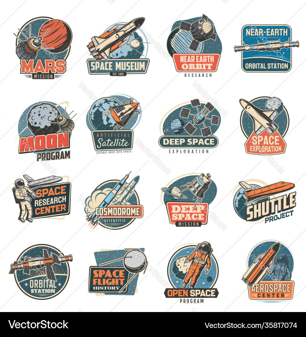 Space retro icons universe research set Royalty Free Vector
