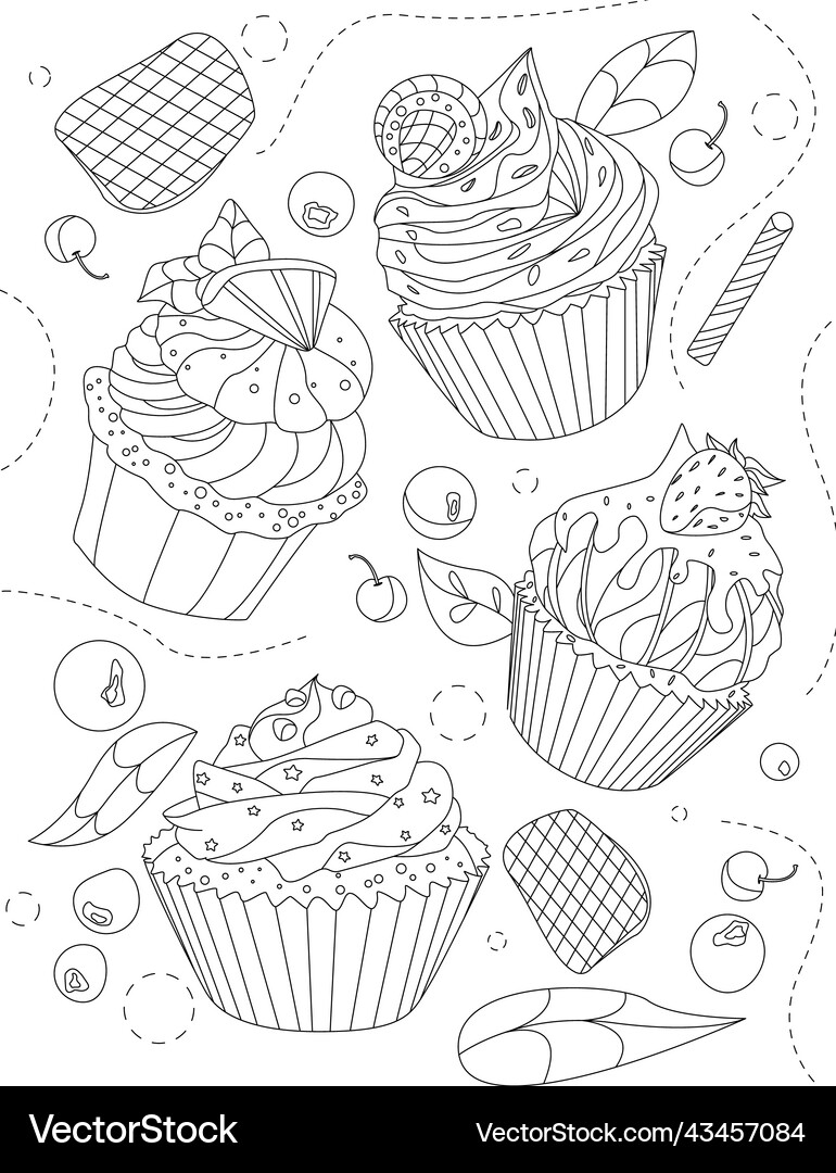 Coloring book page with different cupcakes Vector Image