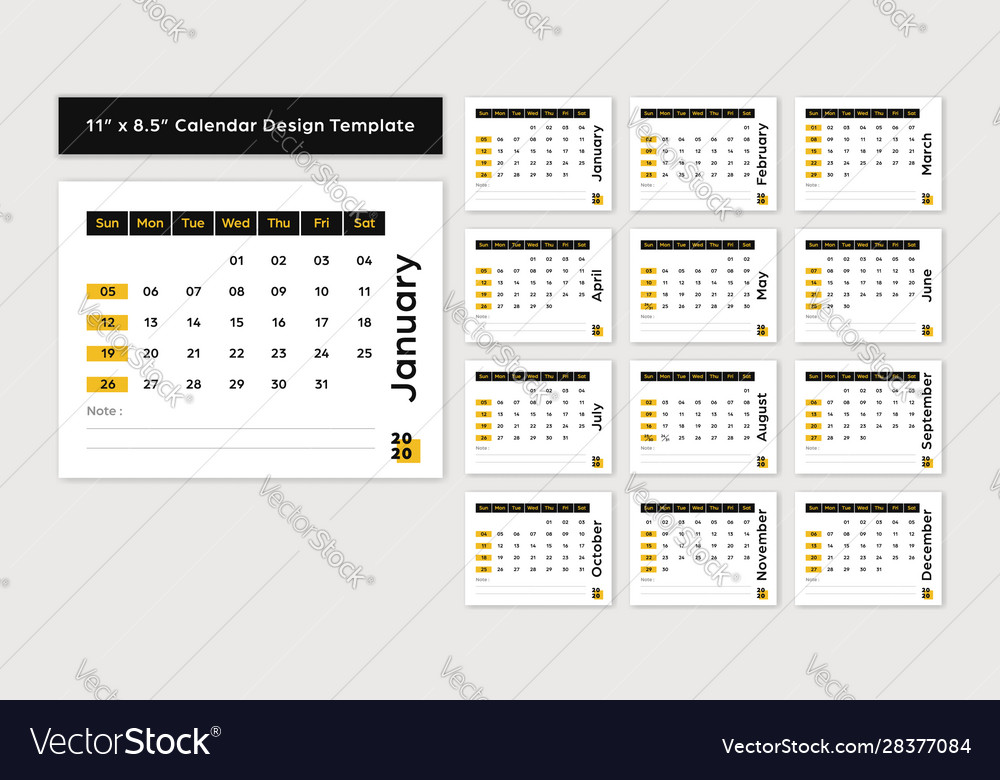Desk Calendar 2020 New Year 11x85 Inch Size Vector Image