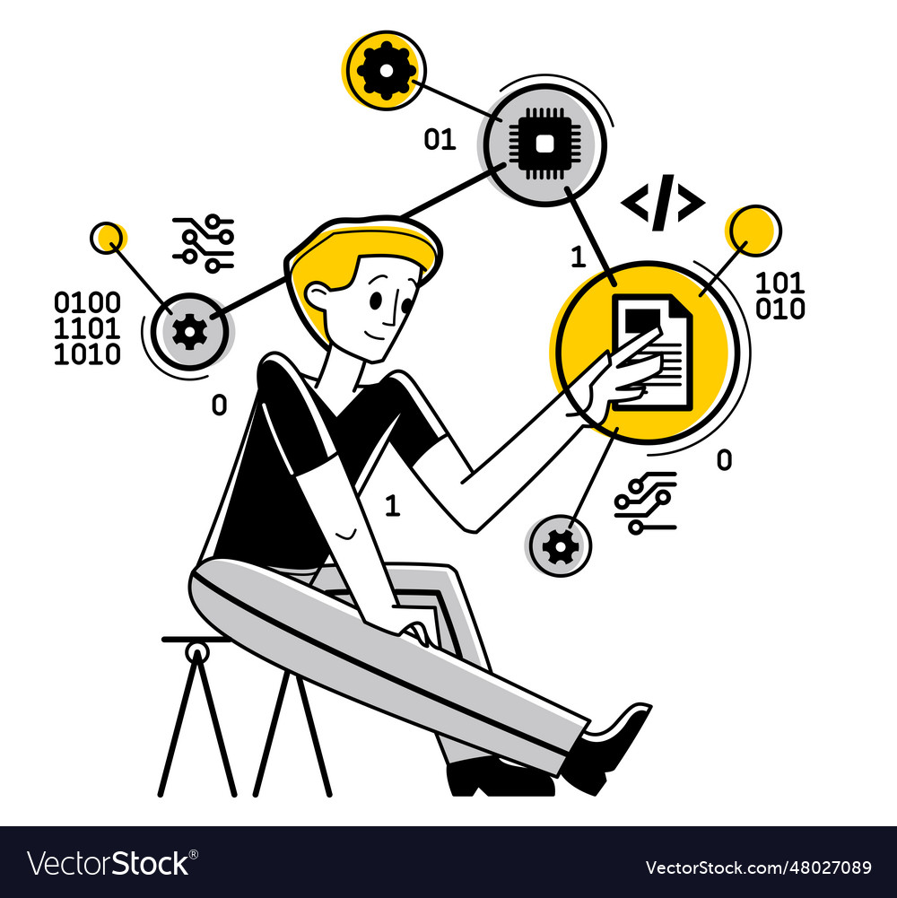 Computer Engineer In Work Outline Programmer And Vector Image