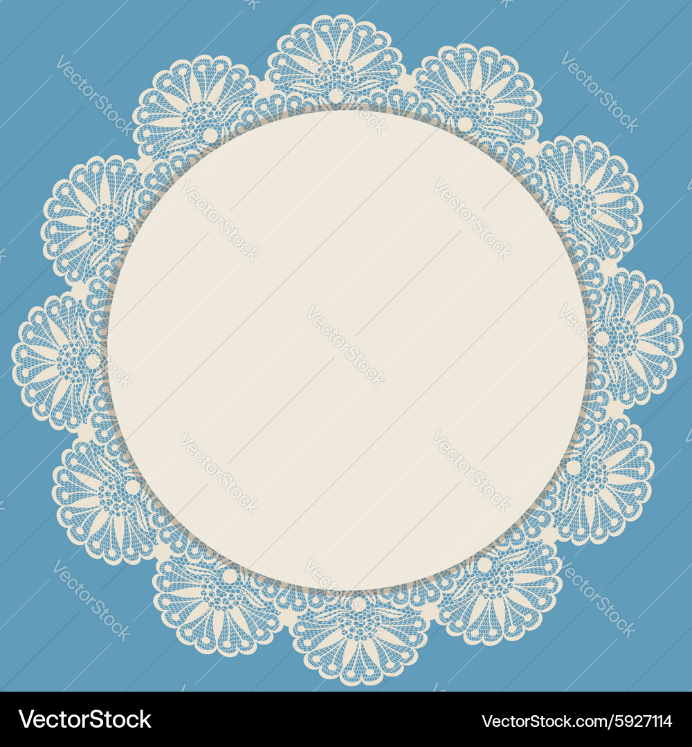 Light beige round lacy frame on blue background Vector Image
