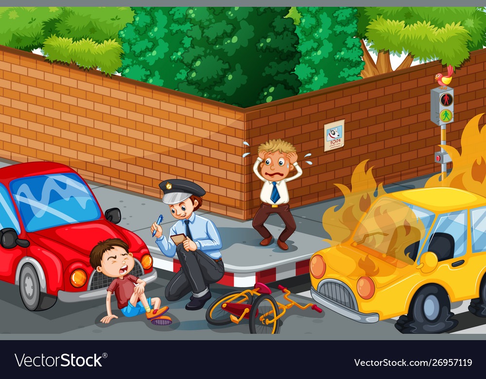 Accident Scene With Car On Road Royalty Free Vector Image