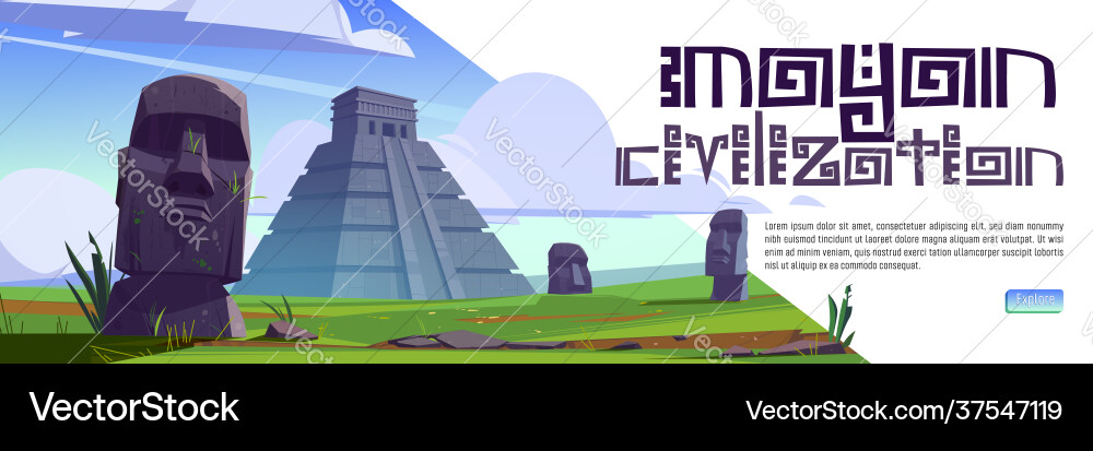 Mayan civilization cartoon web banner with statues