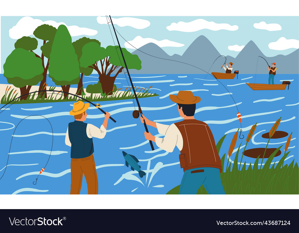 People fishing in river men catching fish Vector Image