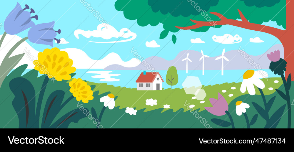 Country landscape with flowers spring bloom Vector Image