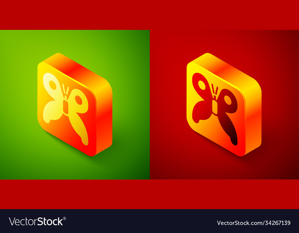 Isometric butterfly icon isolated on green and red