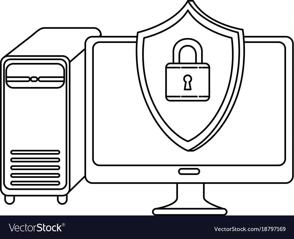 Desktop computer with shield Royalty Free Vector Image
