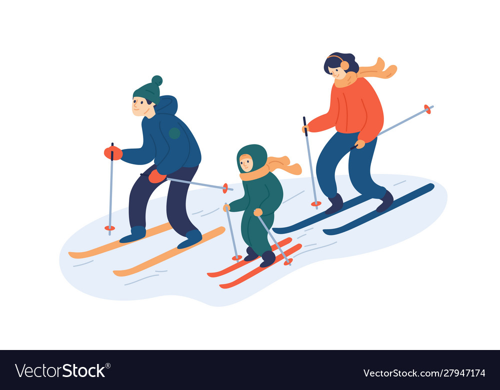 Family skiing together flat Royalty Free Vector Image