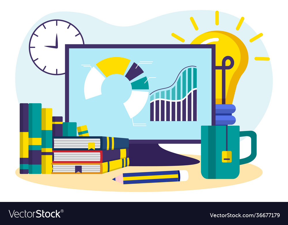 Desktop computer with chart and data analysis Vector Image