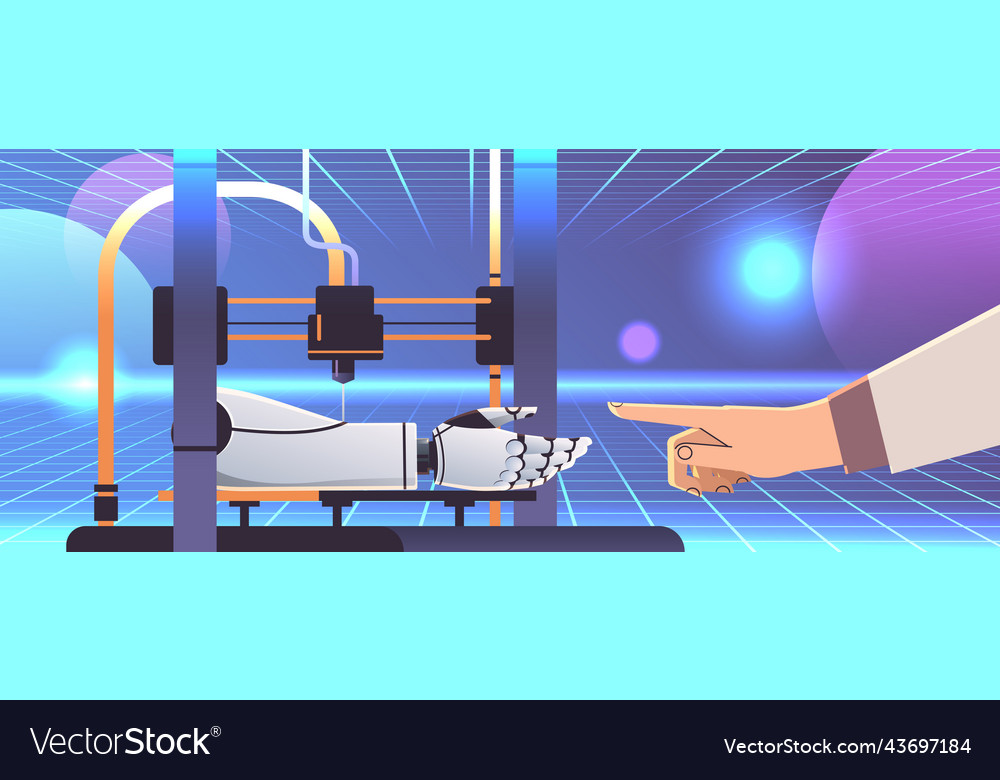 Scientists hand touching robotic hand model Vector Image Scientists hand touching robotic hand model Vector Image