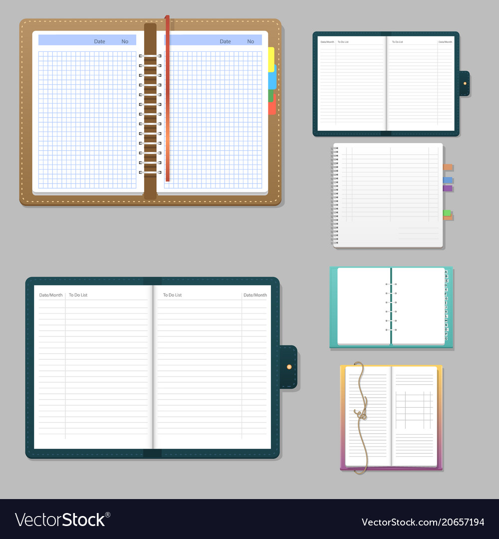 Set of open realistic notebooks with pages diary Vector Image