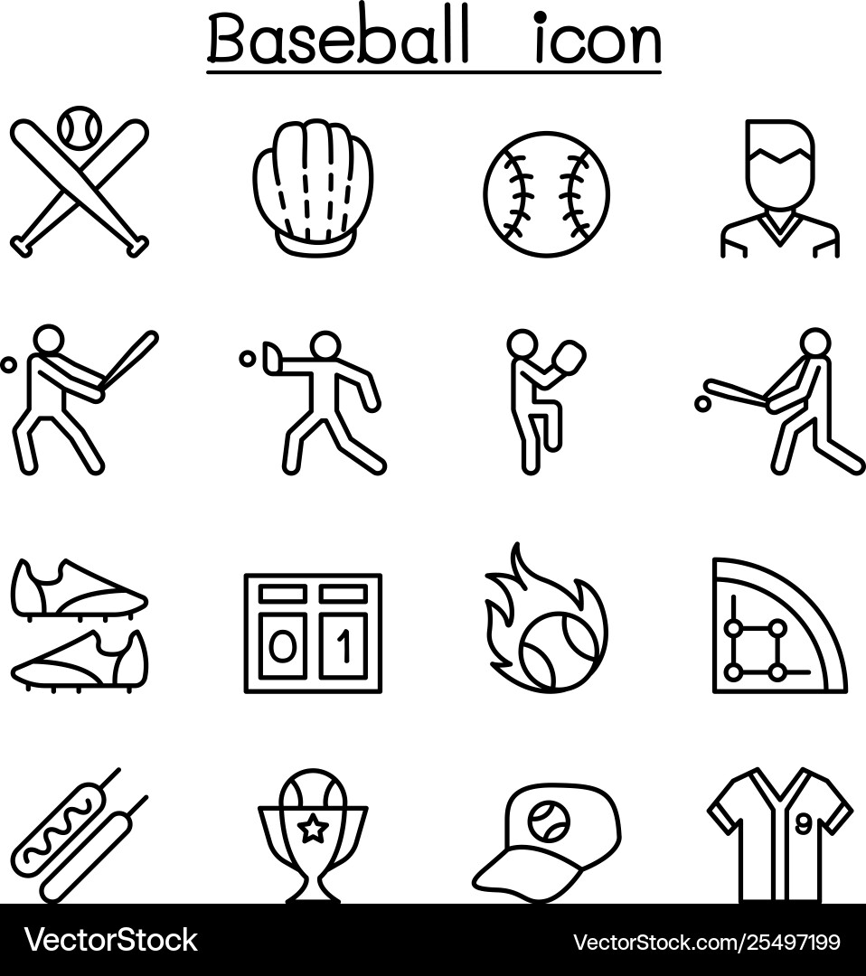 Baseball and softball icon set in thin line style Vector Image