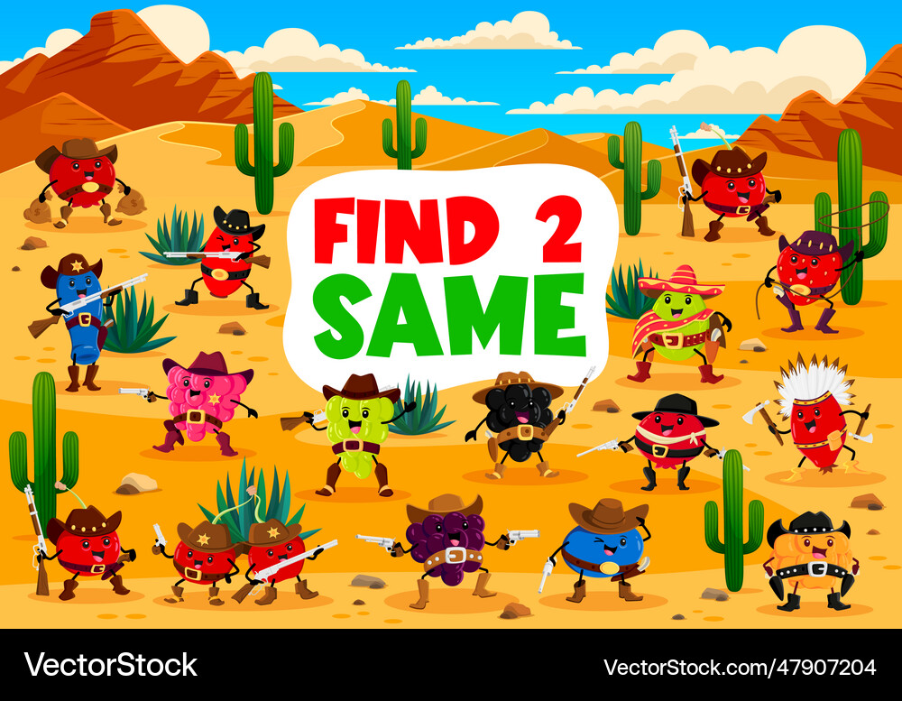 Find two same cartoon berry cowboy sheriff game Vector Image