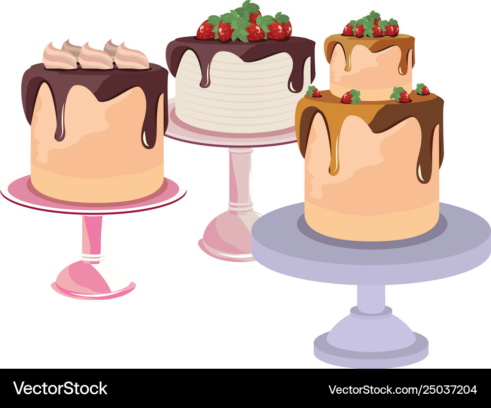 Three sweet cakes on stand celebration birthday Vector Image