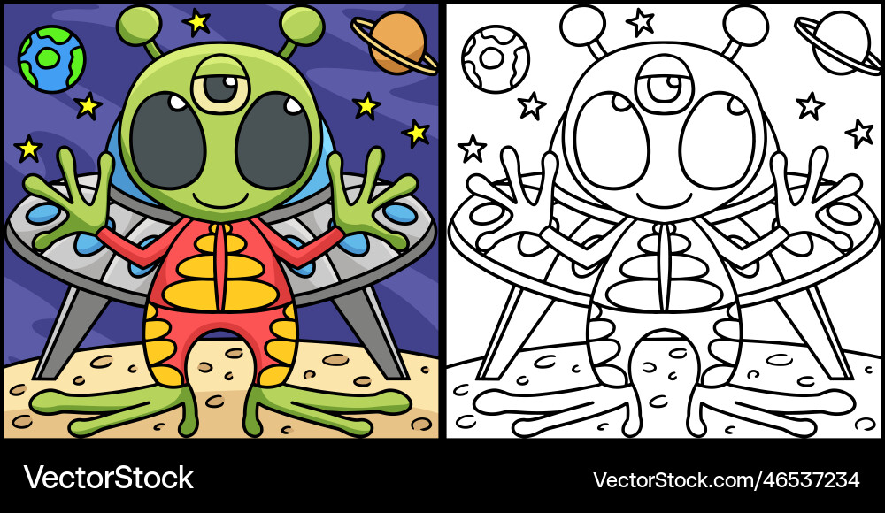 Ufo alien space coloring page colored Royalty Free Vector