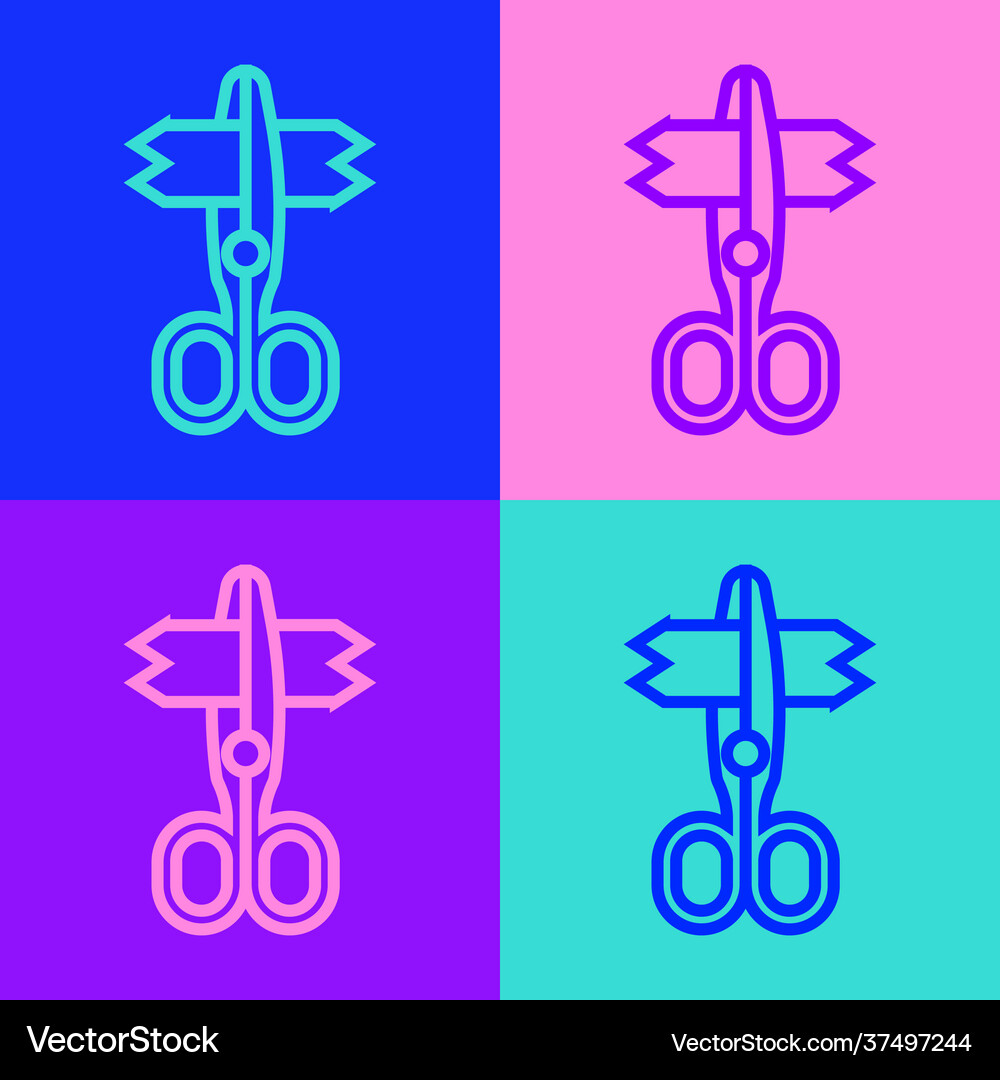 Pop art line scissors icon isolated on color Vector Image