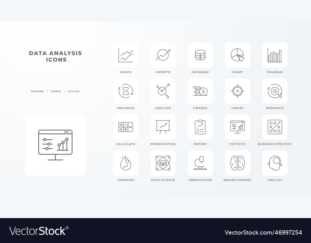 Data analysis icons collection with black outline Vector Image