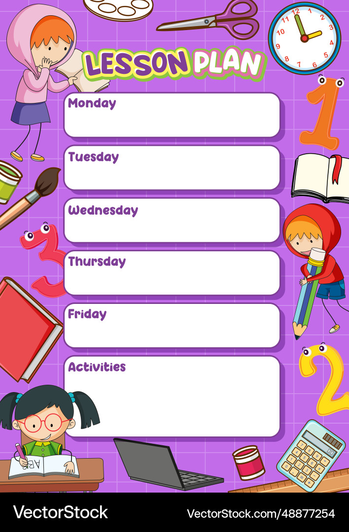 Weekly lesson plan template for monday to friday Vector Image