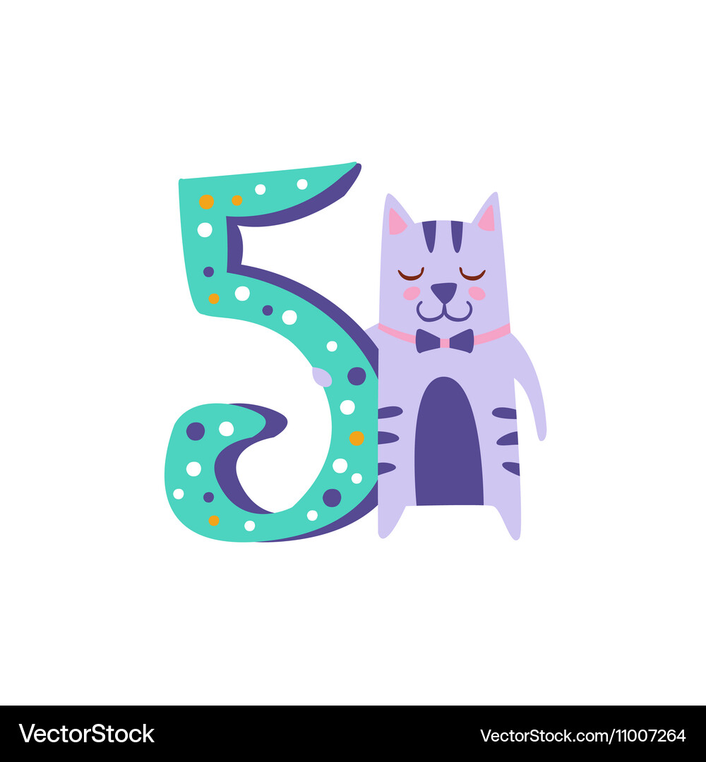 Cat standing next to number five stylized funky Vector Image