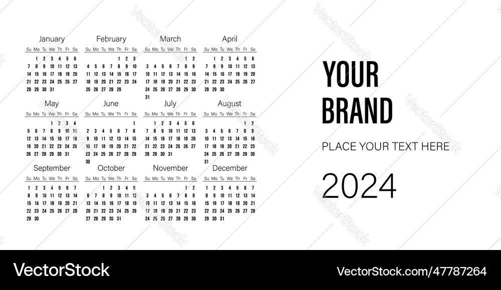 Horizontal calendar 2024 template design on white Vector Image
