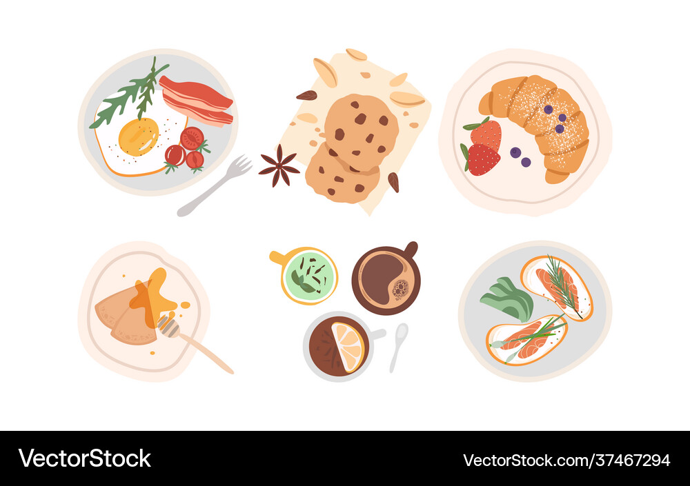 Set with breakfast meals and drinks isolated Vector Image