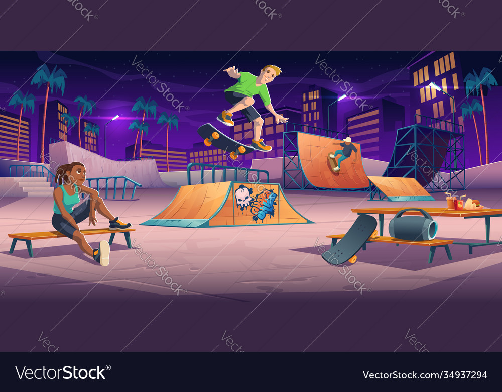 Teenagers At Night Skate Park Teens On Rollerdrome