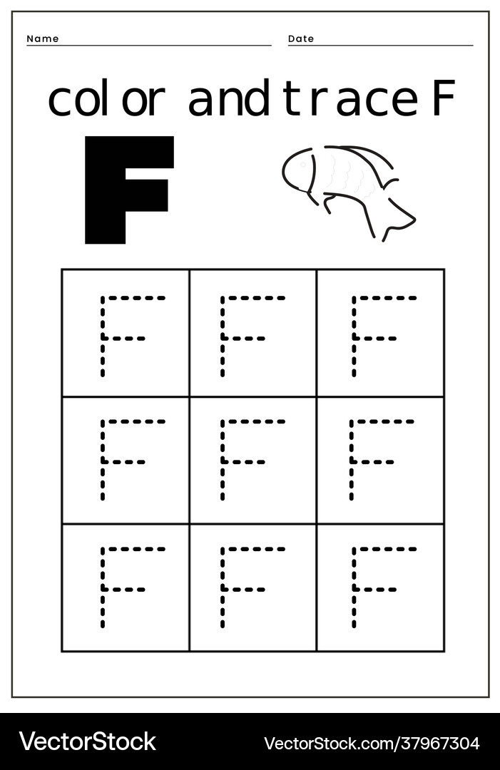 Color and trace alphabet f worksheet Royalty Free Vector