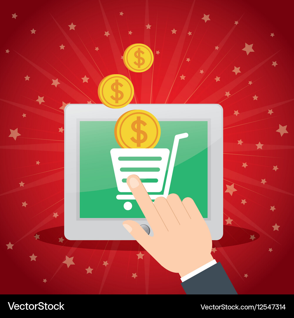 Shopping online tablet cart virtual coin Vector Image