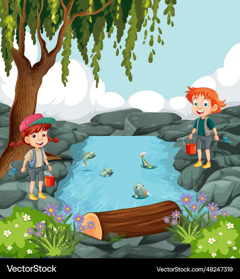 Kids cartoon characters exploring pond in forest Vector Image