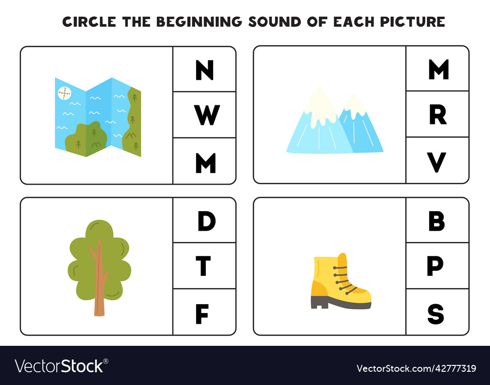 Worksheet for kids find the beginning sound Vector Image