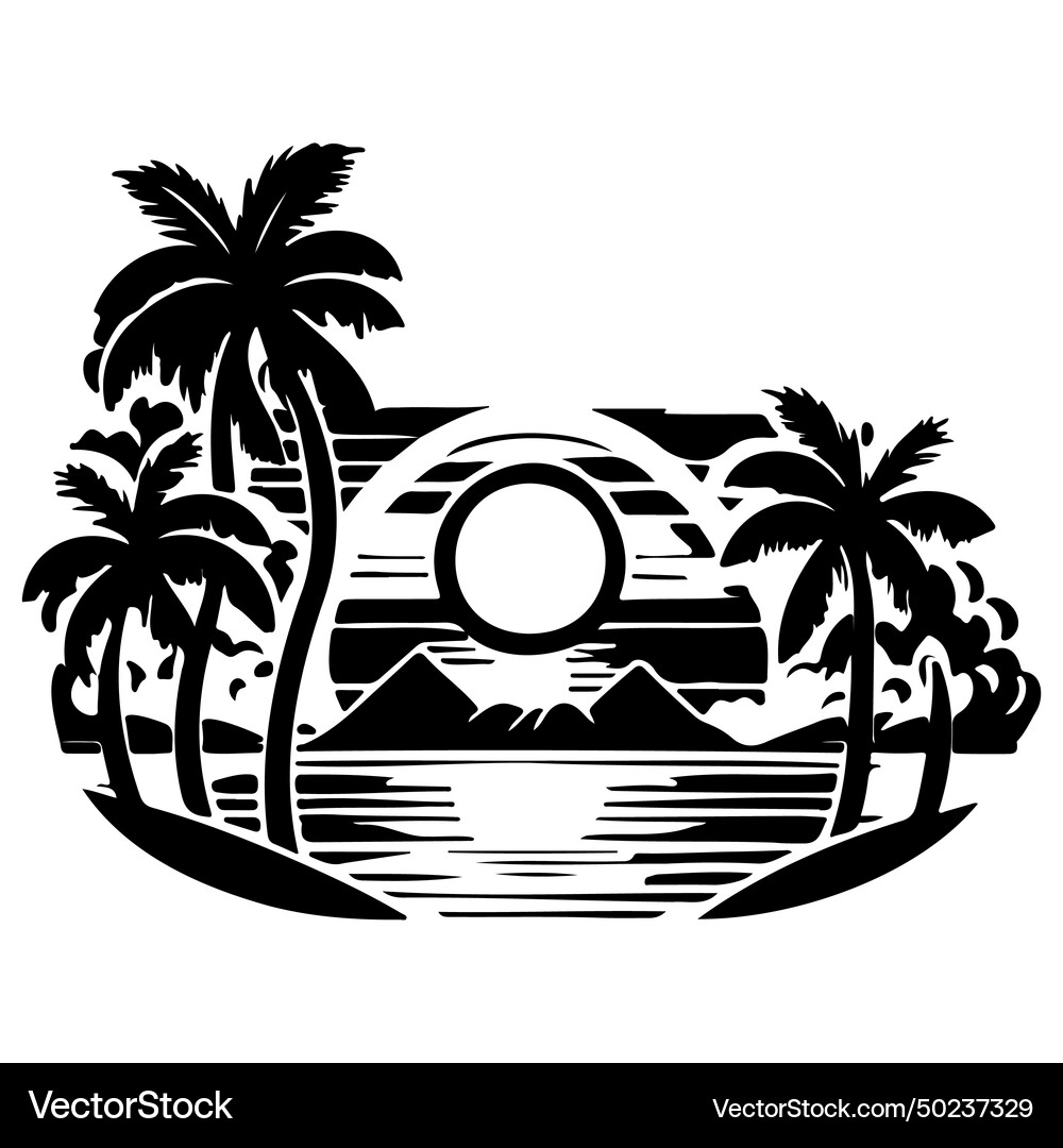 Summer beach sunset palm trees sketch hand draw Vector Image