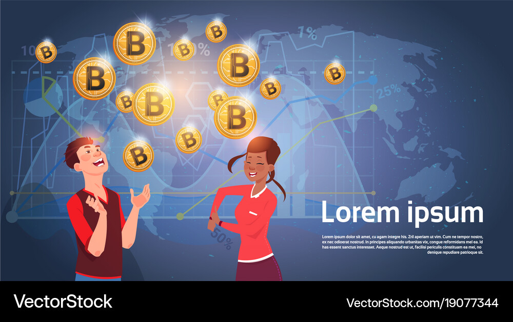 Cheerful people over world map golden bitcoin Vector Image