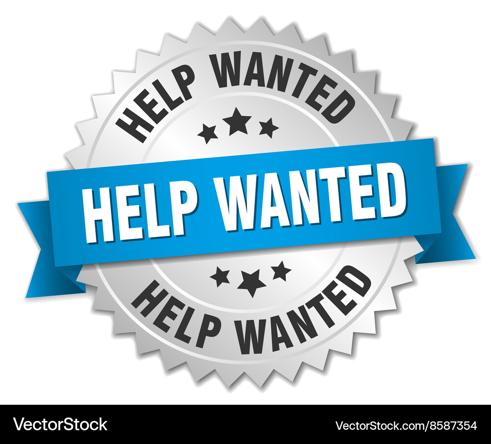 Help wanted 3d silver badge with blue ribbon Vector Image