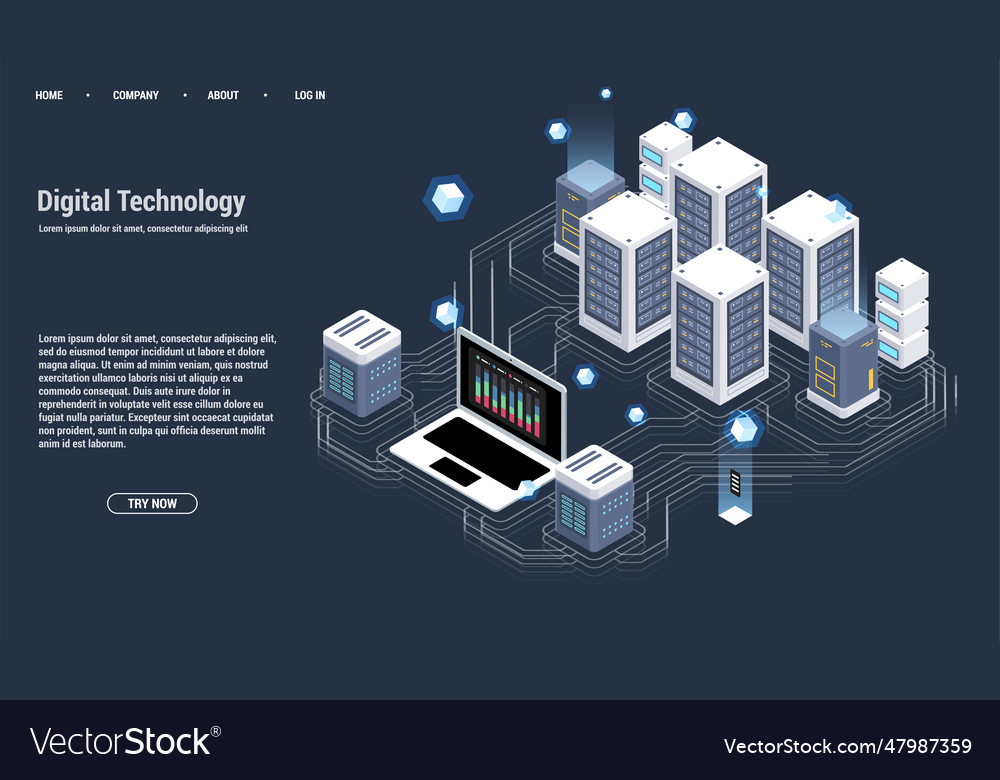 Isometric server room and big data processing Vector Image