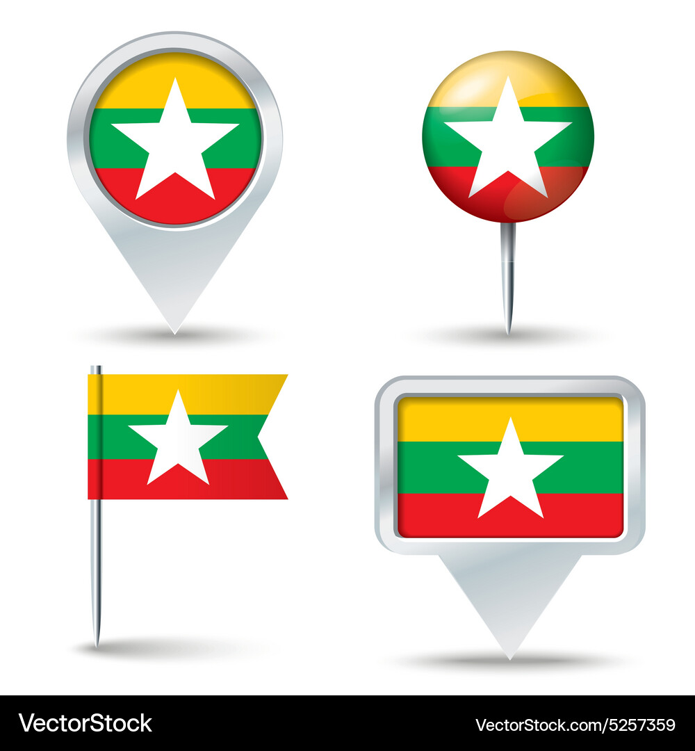 Map pins with flag of burma Royalty Free Vector Image