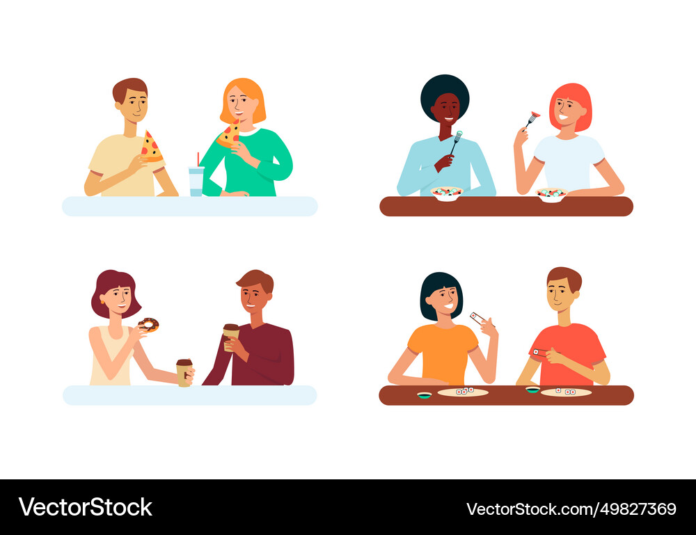 Set of people couples sit at table eating various Vector Image