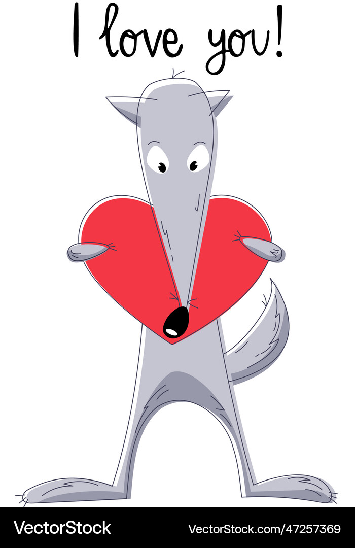 Wolf holds a big heart in its paws and text Vector Image