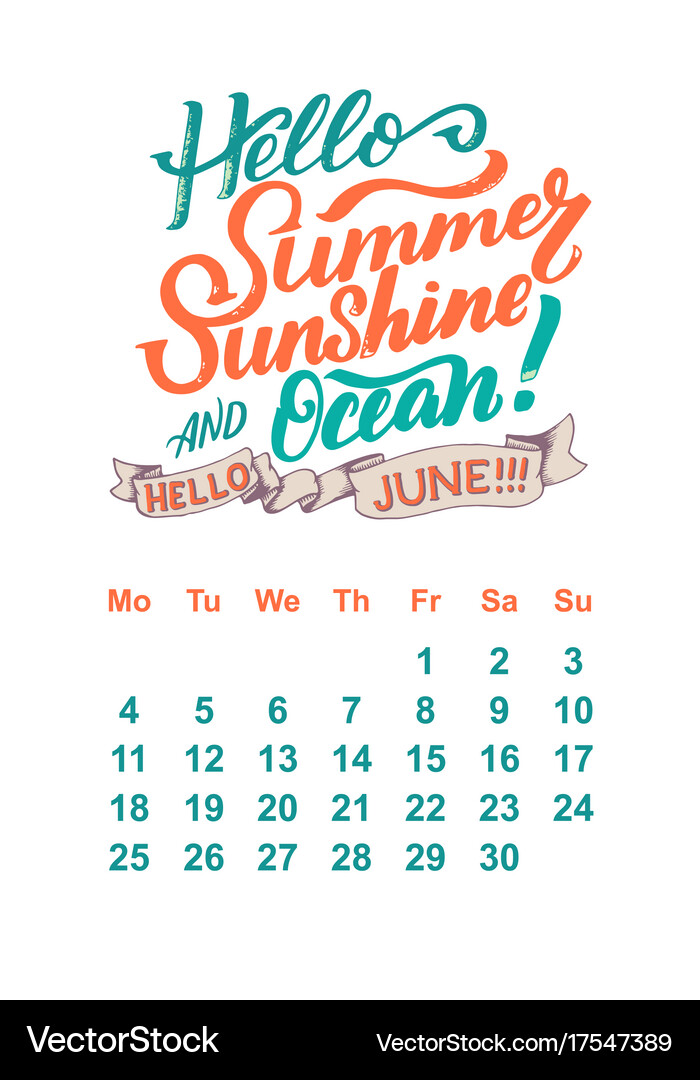Calendar for june 2 0 1 8 hand drawn Royalty Free Vector