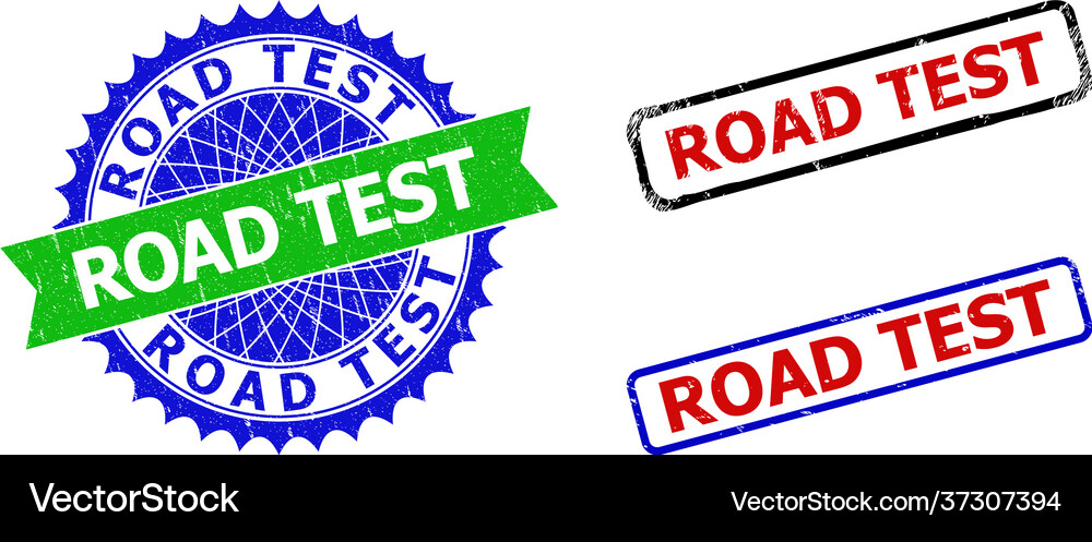 Road test rosette and rectangle bicolor badges Vector Image