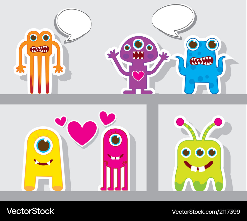 Cute monsters with hearts with balloons text Vector Image