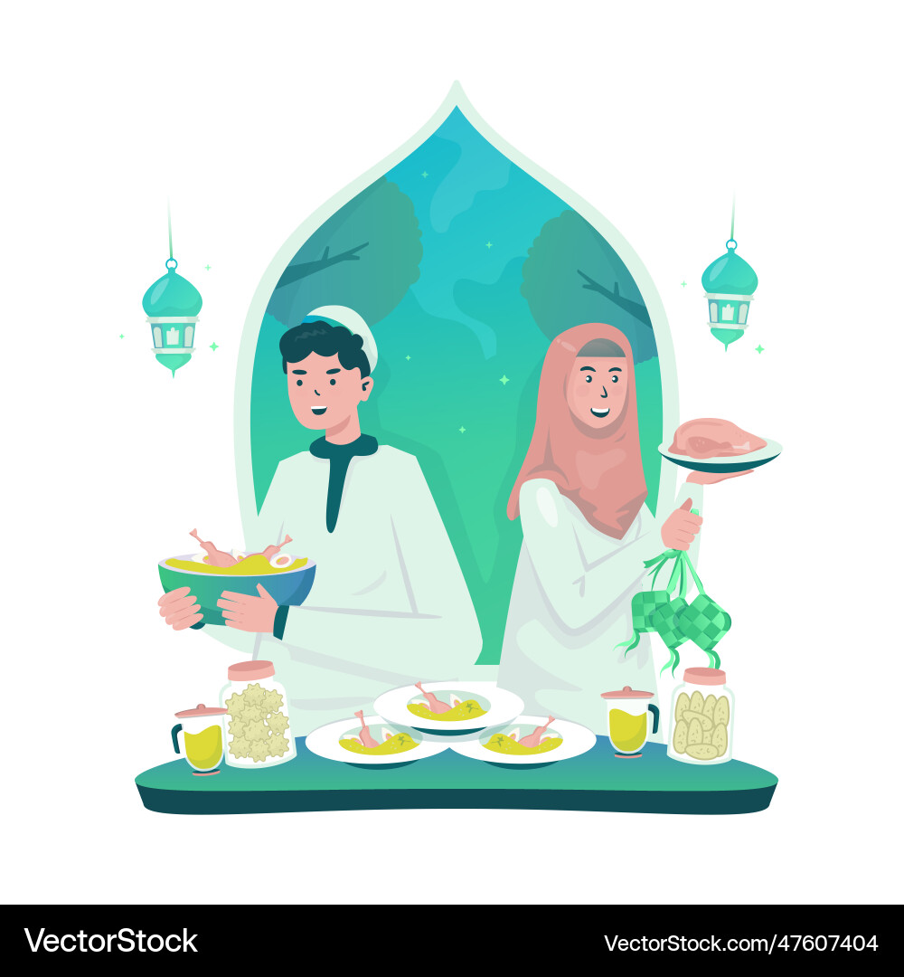 Enjoying eid mubarak food Royalty Free Vector Image