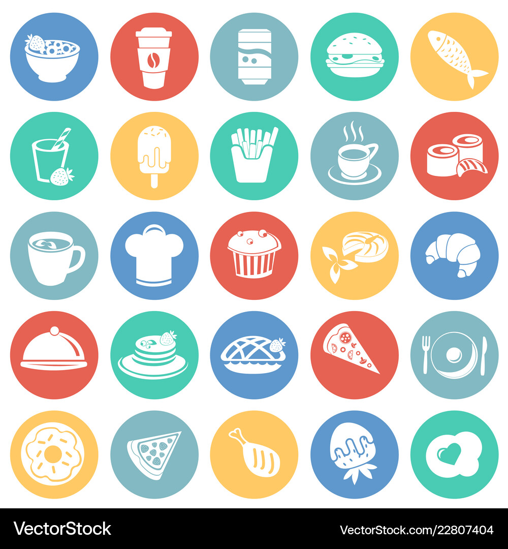 Food and drinks set on color circles background Vector Image