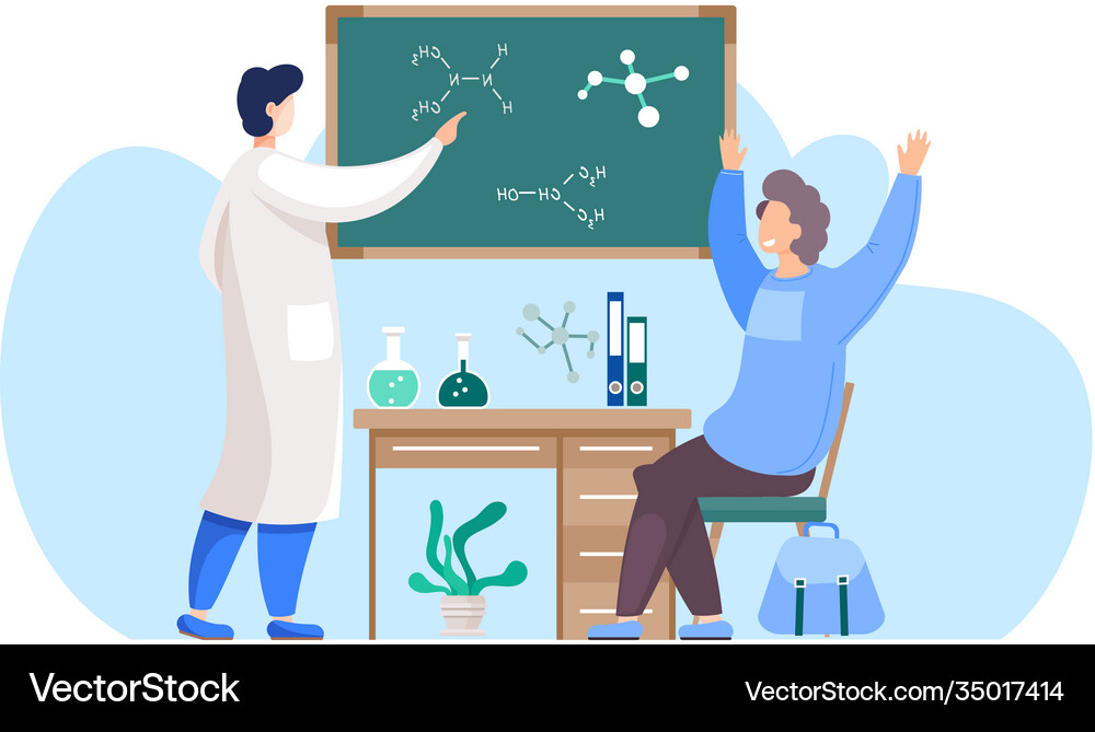 Chemistry lesson in school scientist explains Vector Image