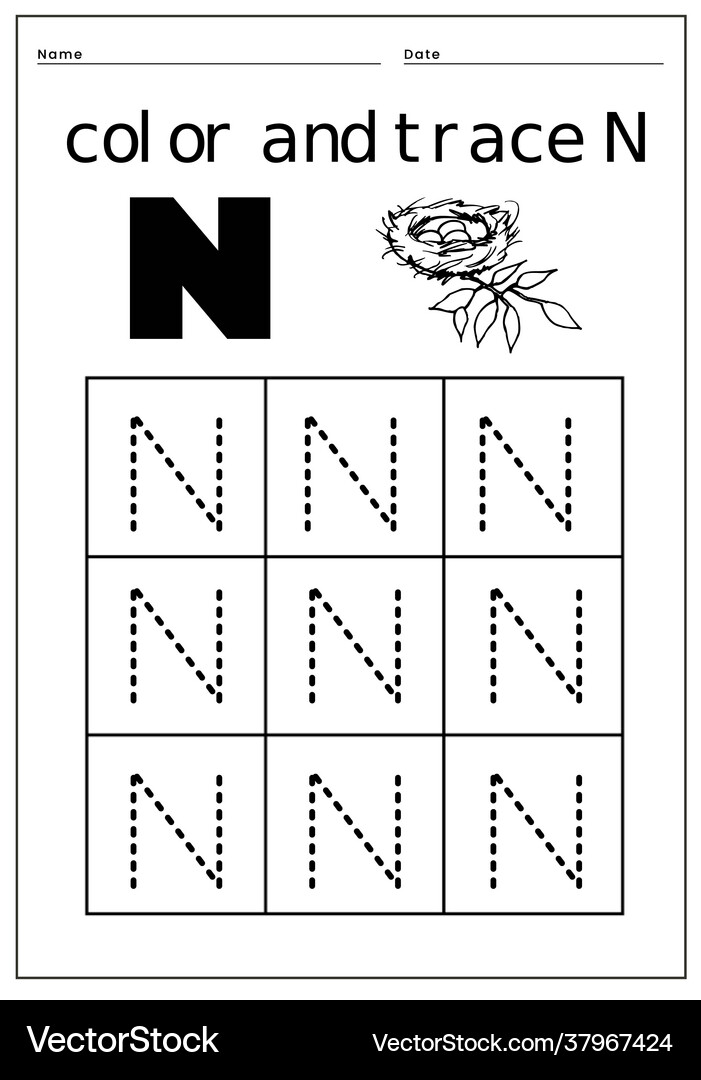 Color and trace alphabet n worksheet Royalty Free Vector