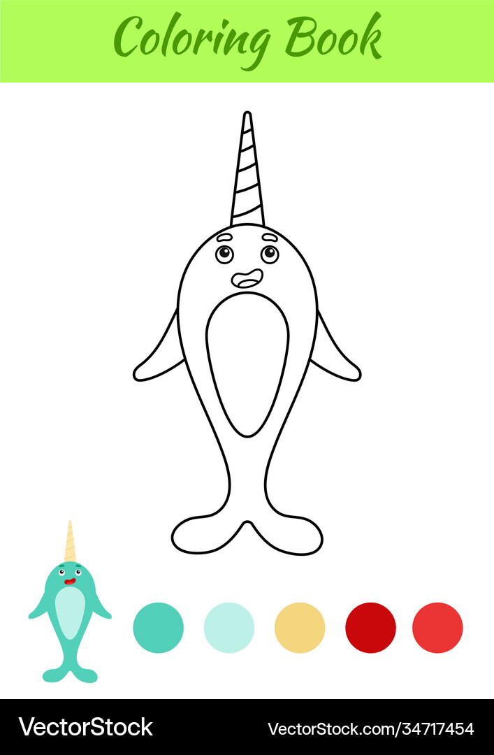 Coloring page happy narwhal book Royalty Free Vector Image